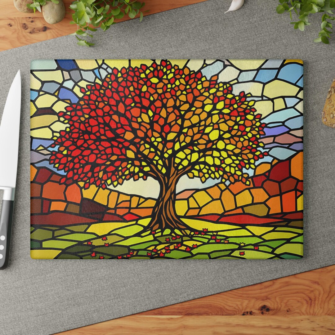 Glass Cutting Board, Colorful Autumn Tree of Life Mosaic Kitchen Decor ...