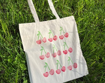 Cherry Reversible Tote Bag Cotton Canvas Reusable Fruit Cherry Tree ...