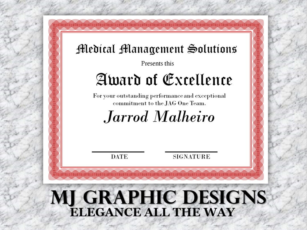 Certificate Template, Instant Download, Award of Excellence- Editable ...