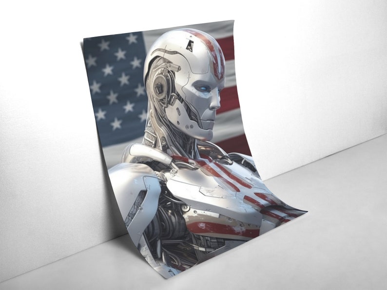 Patriotic Cyborg, Patriotic Robot, American Flag, AI Print Patriotic ...