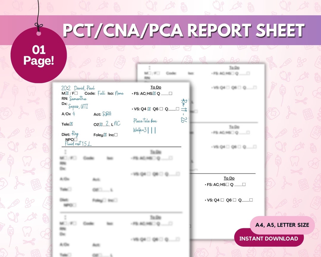 Pct Report Sheet Cna Report Sheet Nurse Report Sheet Icu - Etsy