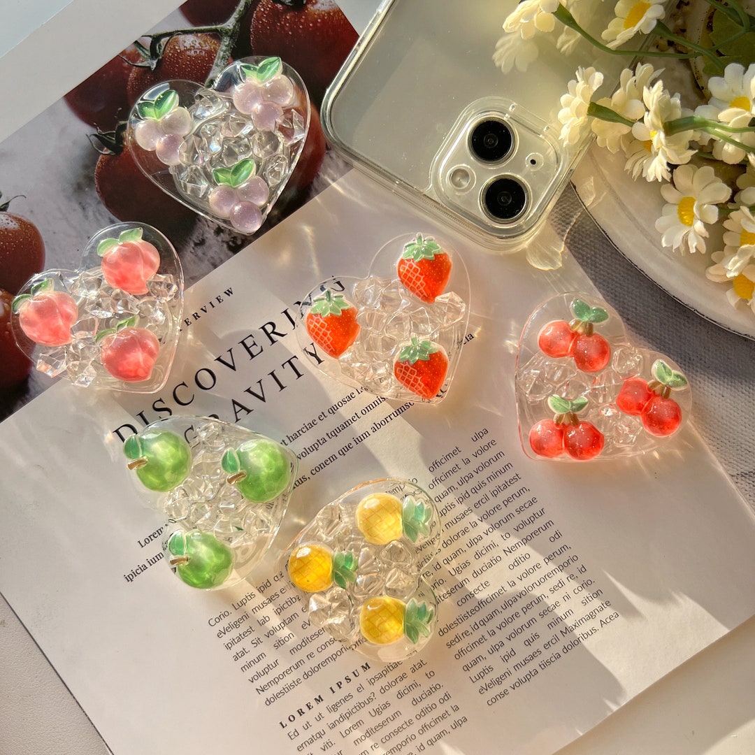 Resin Fruits Phone Grip, Strawberry Peach Transparent Folding Phone ...
