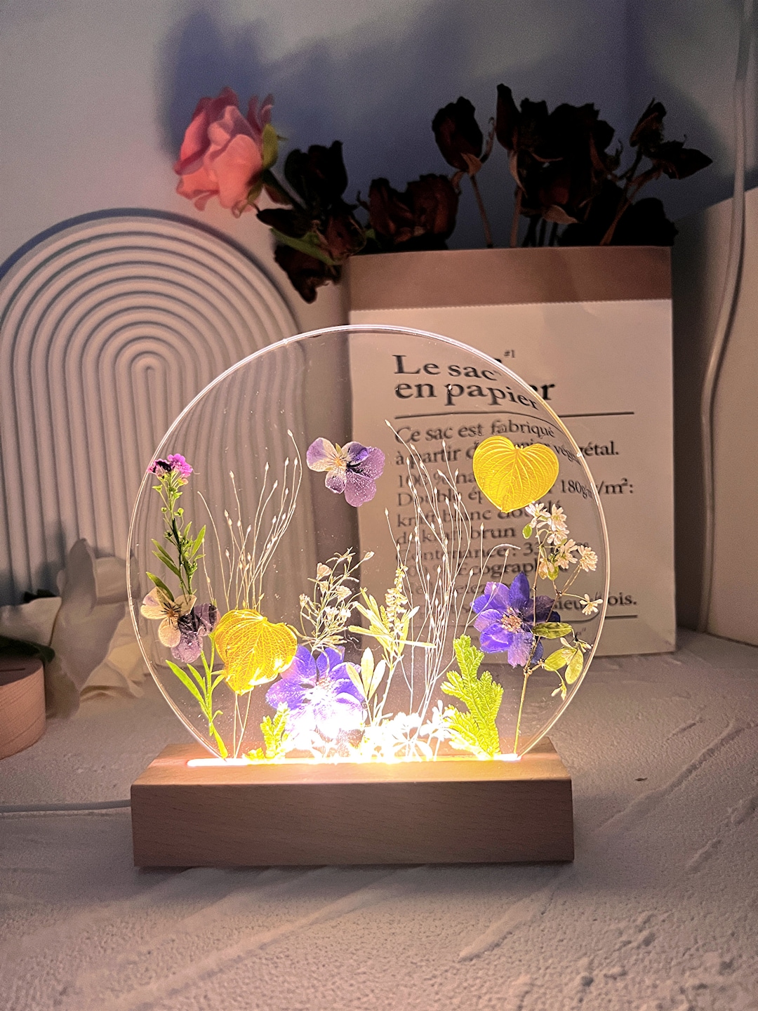 Timeinhand|natural Flowers Night Light With Wood Base,colorful Pressed ...