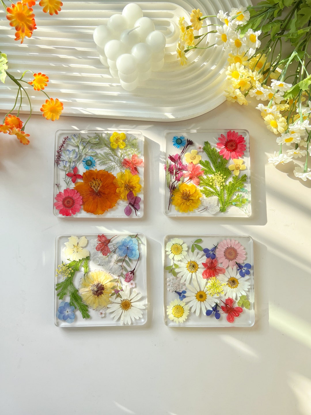 Timeinhandnatural Flowers Coasters,colorful Pressed Real Flowers ...