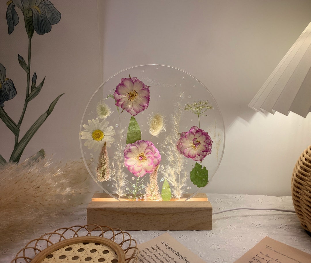 Timeinhand|natural Flowers Night Light With Wood Base,colorful Pressed ...