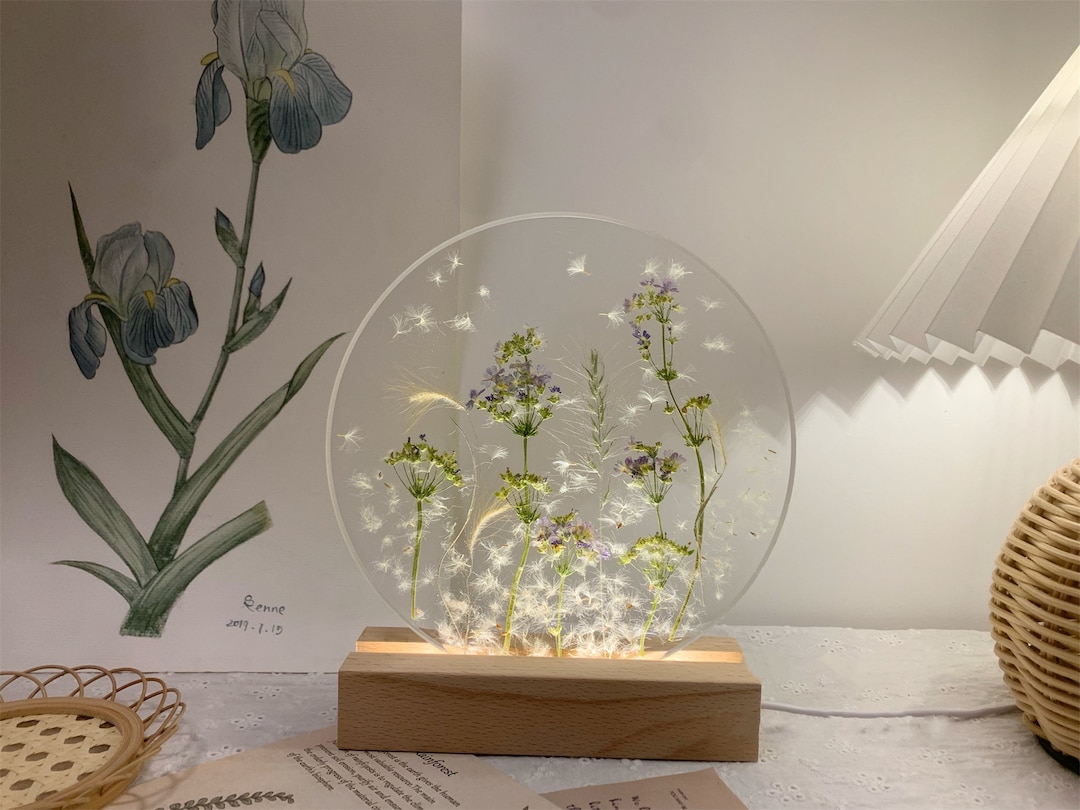 Timeinhand|natural Flowers Night Light With Wood Base,colorful Pressed ...