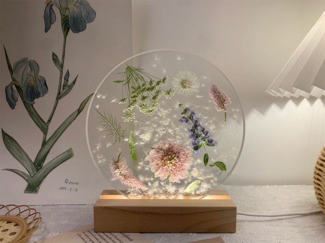 Timeinhand|natural Flowers Night Light With Wood Base,colorful Pressed ...