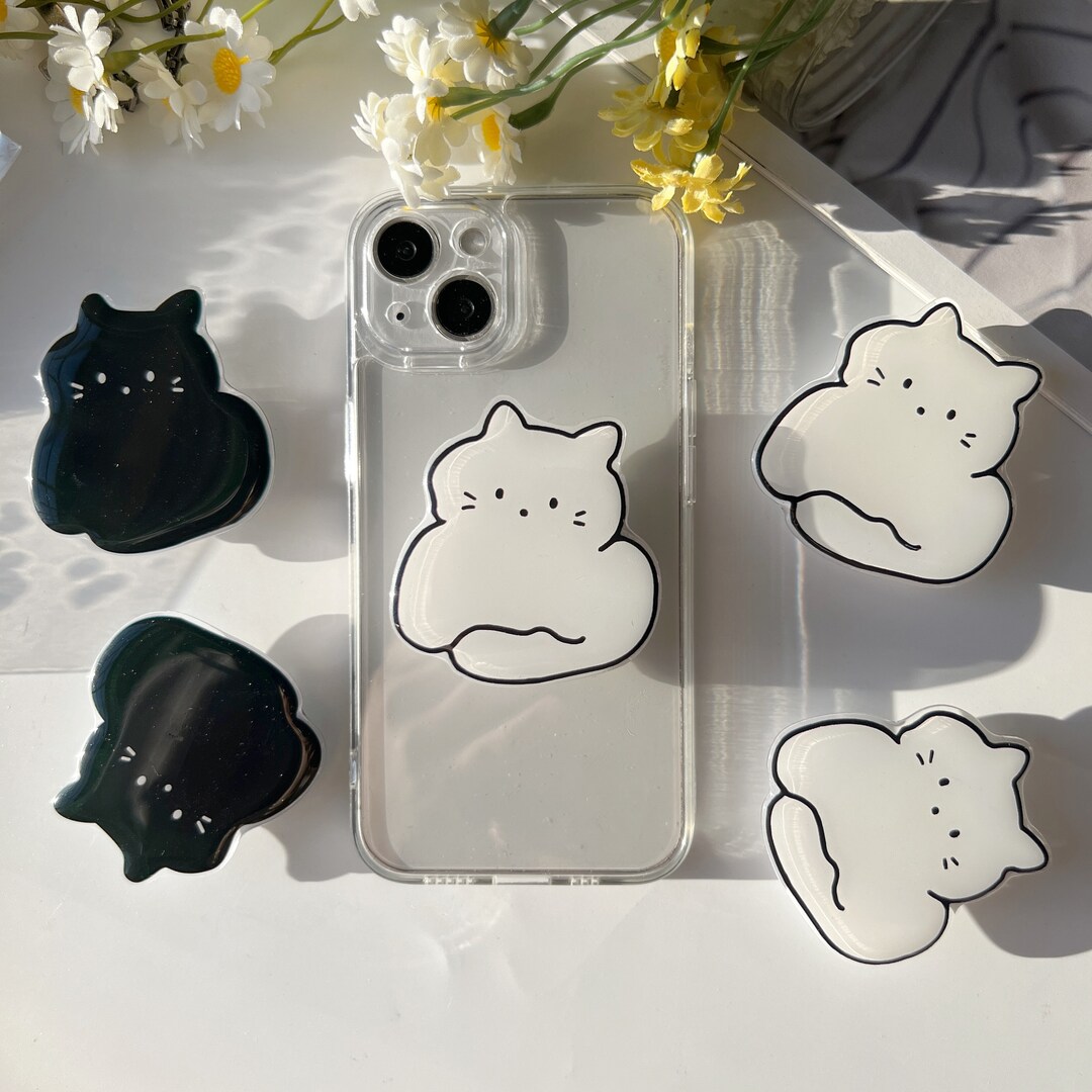 White&black Cat Phone Grip,folding Animal Phone Holder,cute Phone ...
