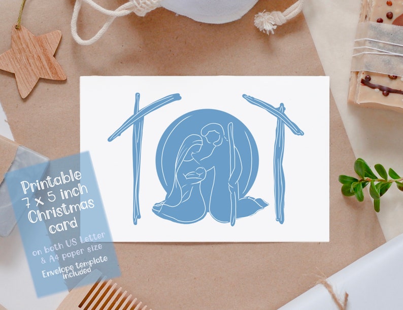 Nativity Christmas Card Printable Light Blue Digital - Etsy
