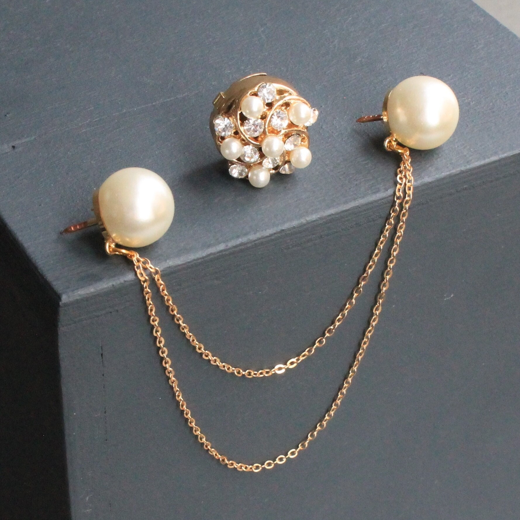 White Pearl Gold Color Shirt Lapel Pin, Jacket Brooch Clip, Collar ...