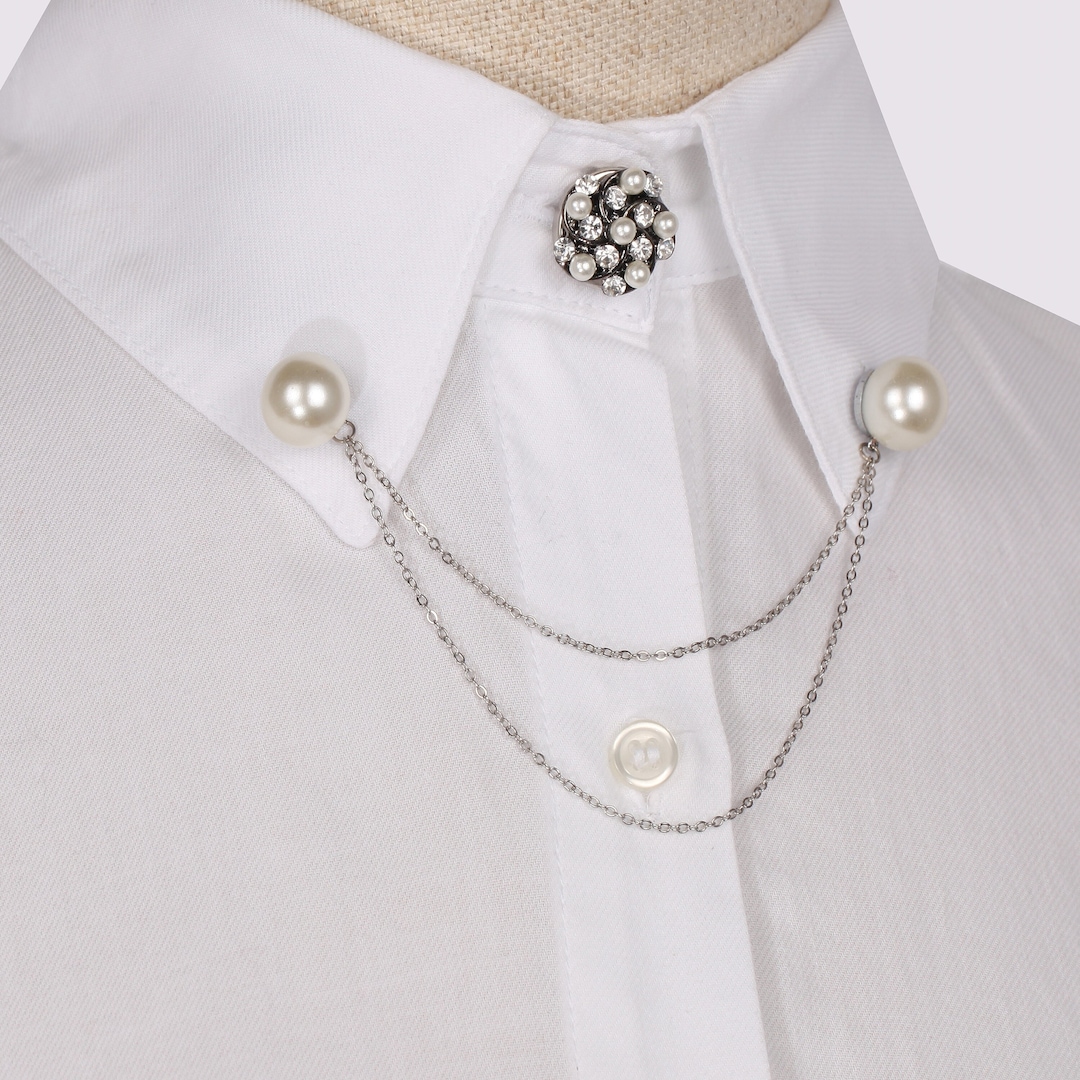 White Pearl Silver Color Shirt Lapel Pin, Jacket Brooch Clip, Collar ...