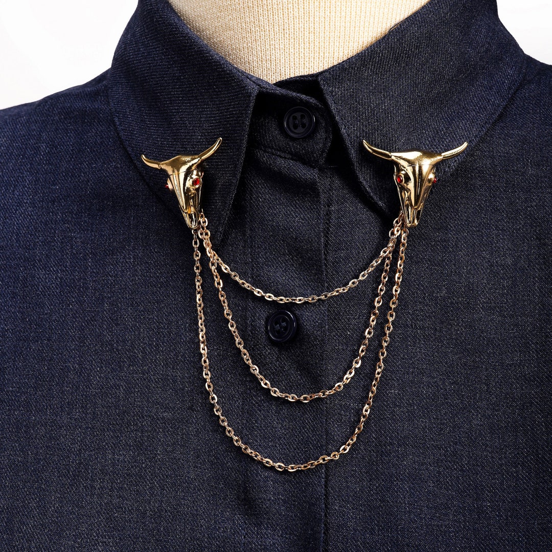 Cow Skull Gold/silver Shirt Collar Chain Brooch, Collar Clip, Collar ...