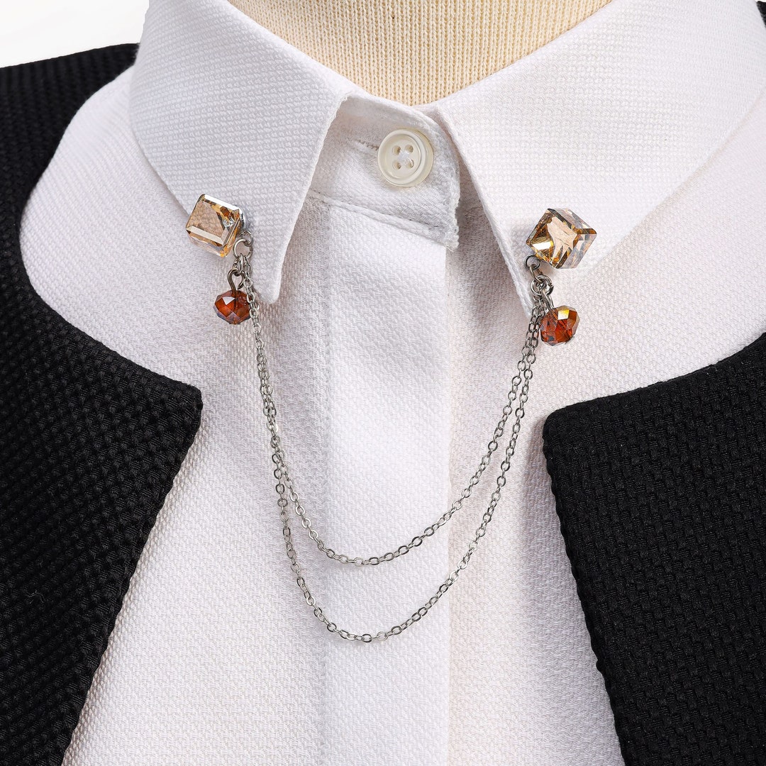 Cubic Stone Silver Shirt Collar Chain Pin, Cube Collar Brooch, Jacket ...