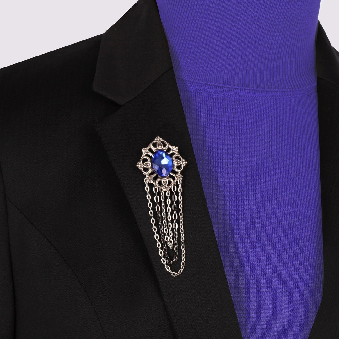 Handmade Silver Color Jacket Chain Brooch, Blue Red Black Stone ...