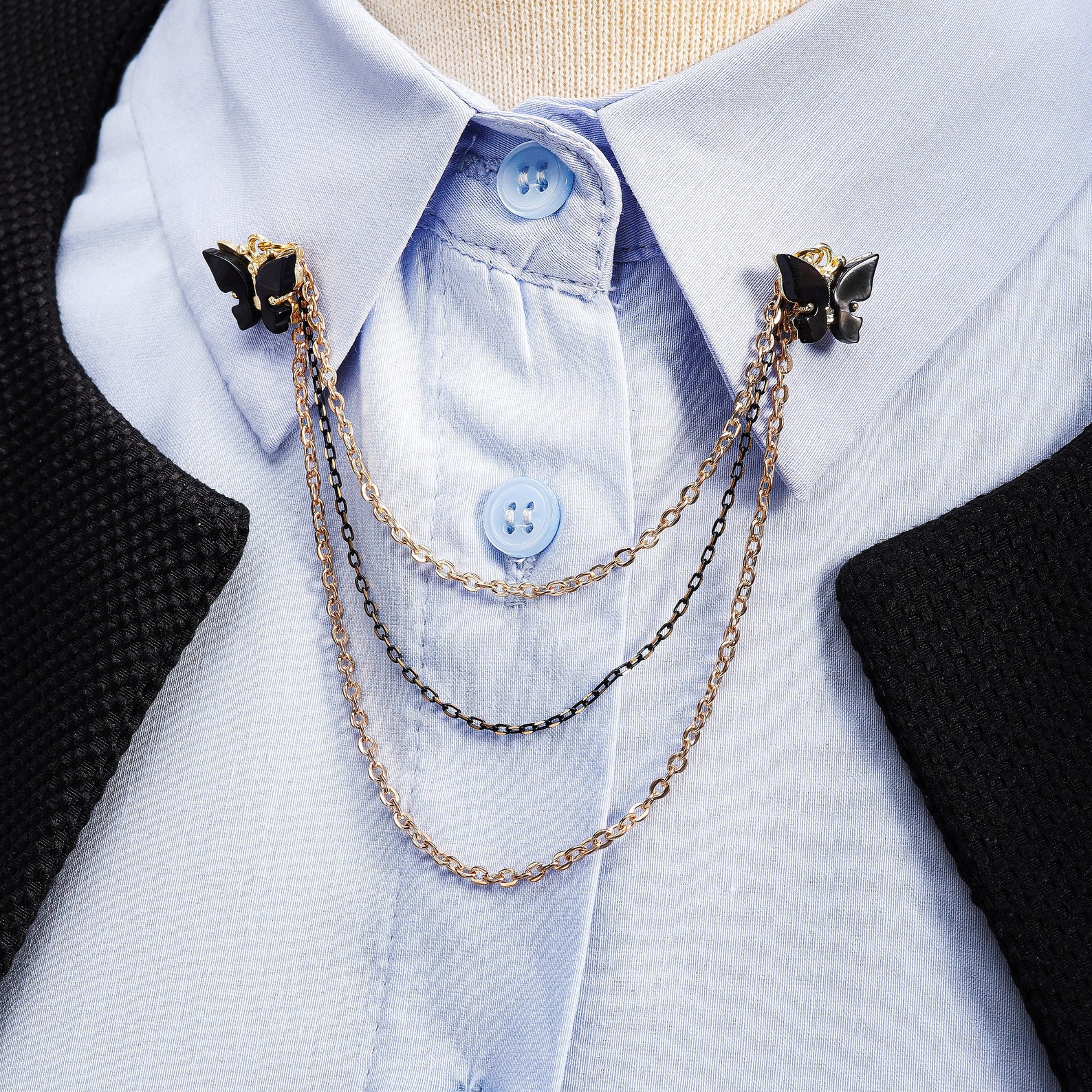 Butterfly Gold Shirt Collar Chain Pin, Jacket Lapel Pin Brooch, Women ...