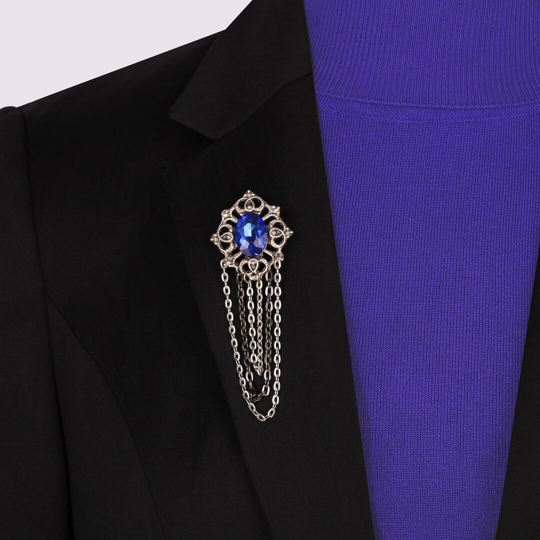 Handmade Silver Color Jacket Chain Brooch, Blue Red Black Stone ...