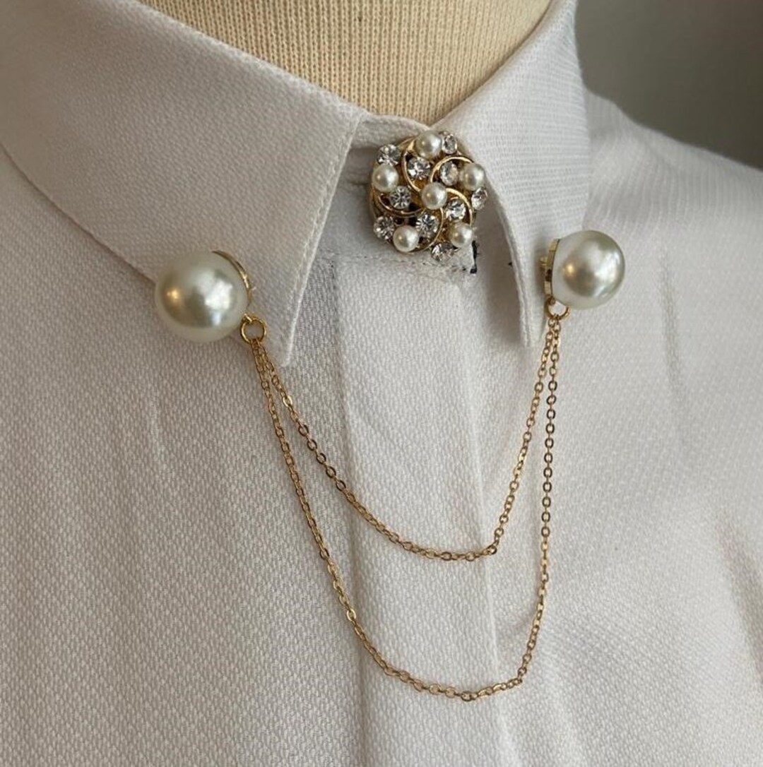 White Pearl Gold Color Shirt Lapel Pin, Jacket Brooch Clip, Collar ...