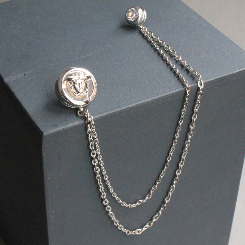 Gold or Silver Jacket Chain Lapel Pin Brooch Set, Shirt Collar Clip Pin ...