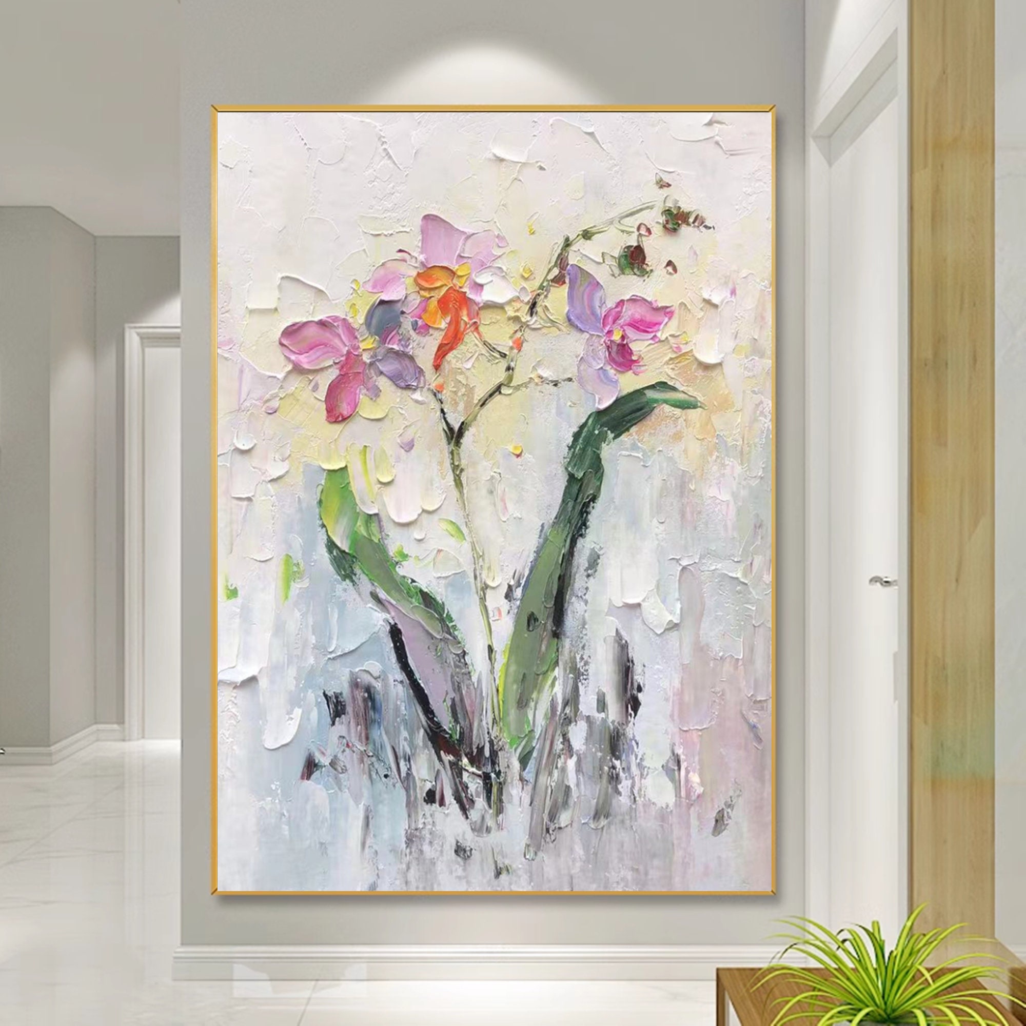 Large Pink and Green Flower Textured Painting on Canvas Original Color ...