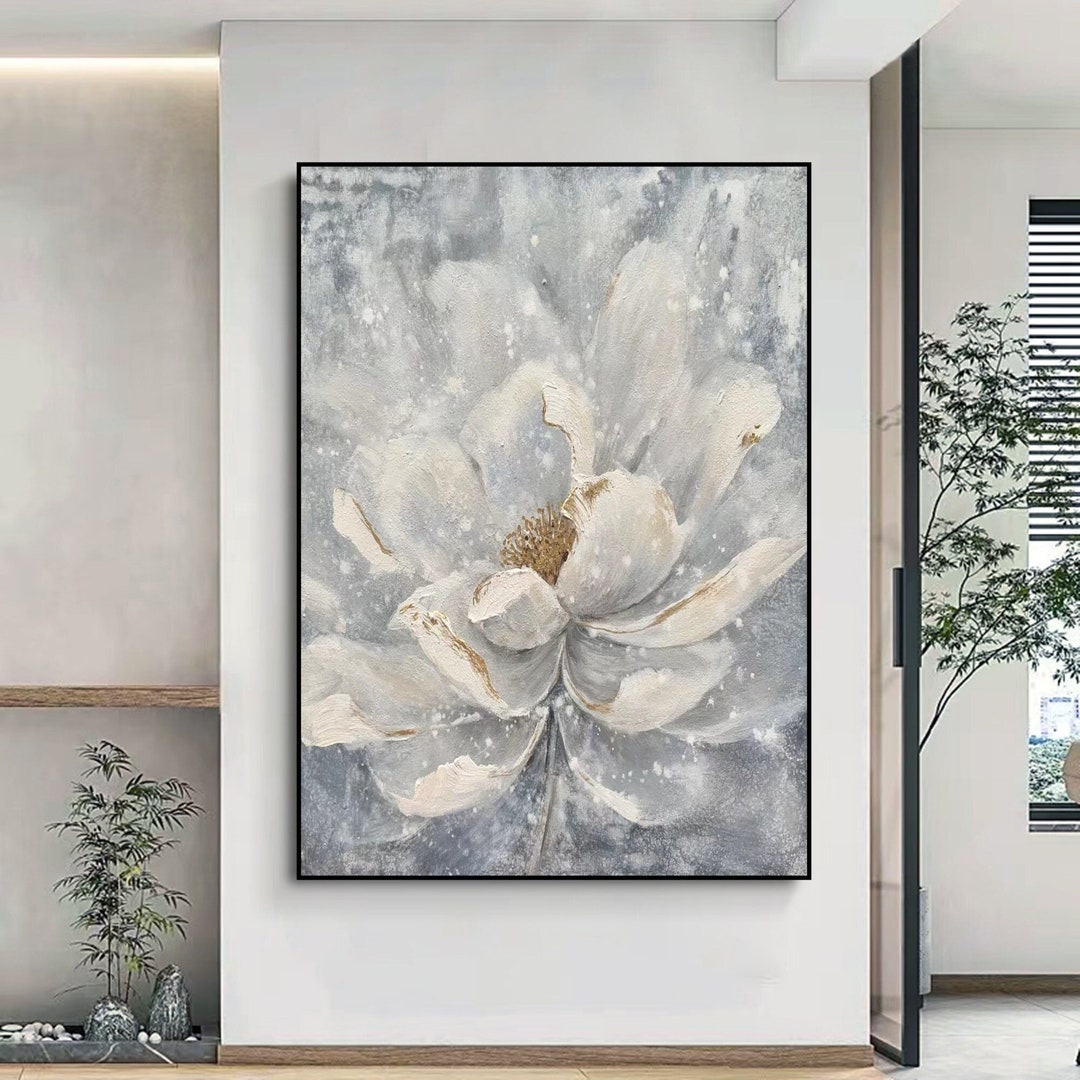 3D Large White Flower Painting on Canvas Large Floral Abstract White ...