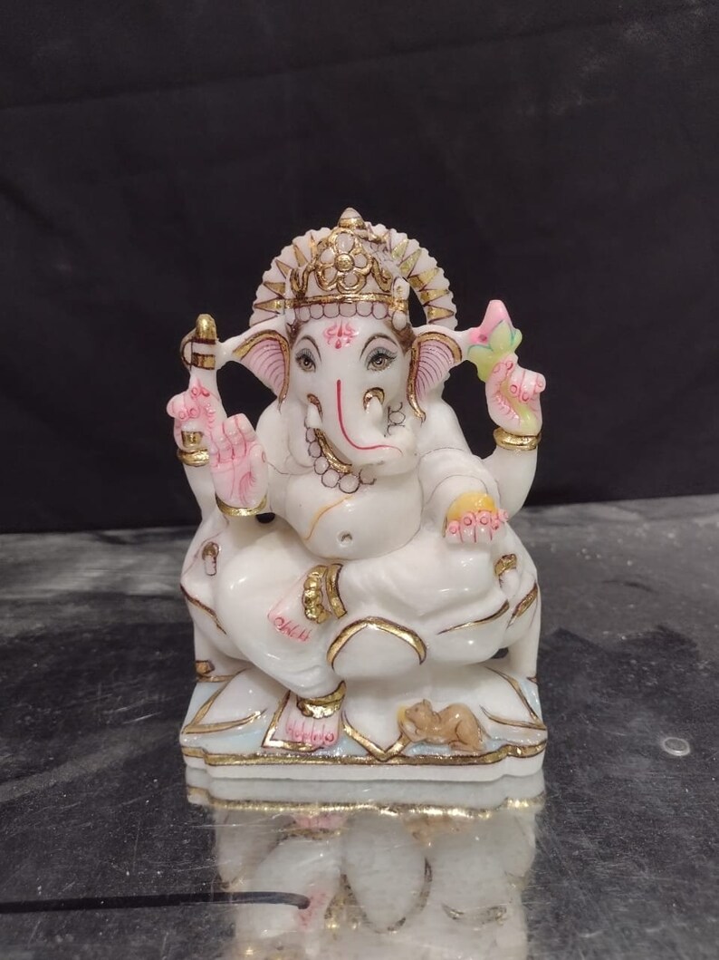 Handmade White Pure Marble Lord Ganesha Statue 6 Inches Moorti Hindu ...