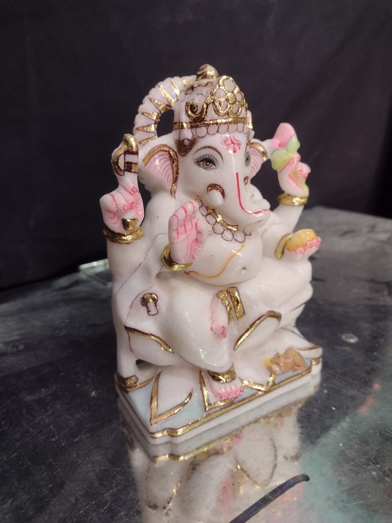 Handmade White Pure Marble Lord Ganesha Statue 6 Inches Moorti Hindu ...