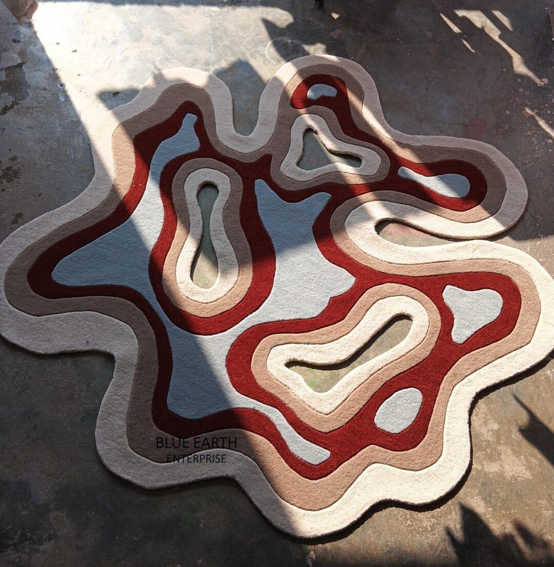 Irregular Reddish Hand Tufted Rug for Floor Decor Wavy Shaped Rug for ...