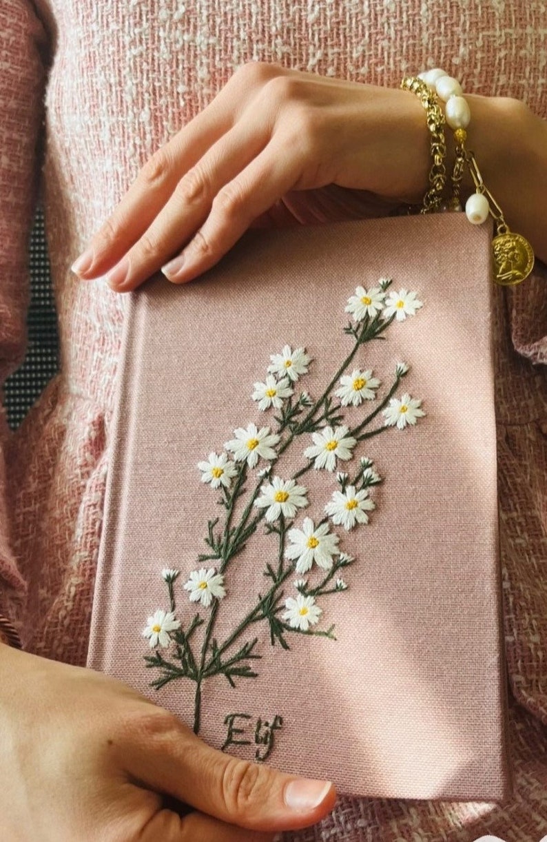 Daisy Pattern, Handmade Embroidered Cover Notebook, Embroidered Journal ...