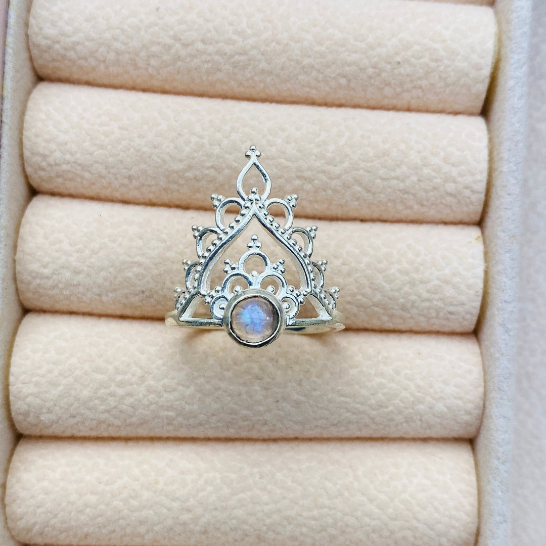 Premium Rainbow Moonstone Crown Rings for Women, Sterling Silver Ring ...