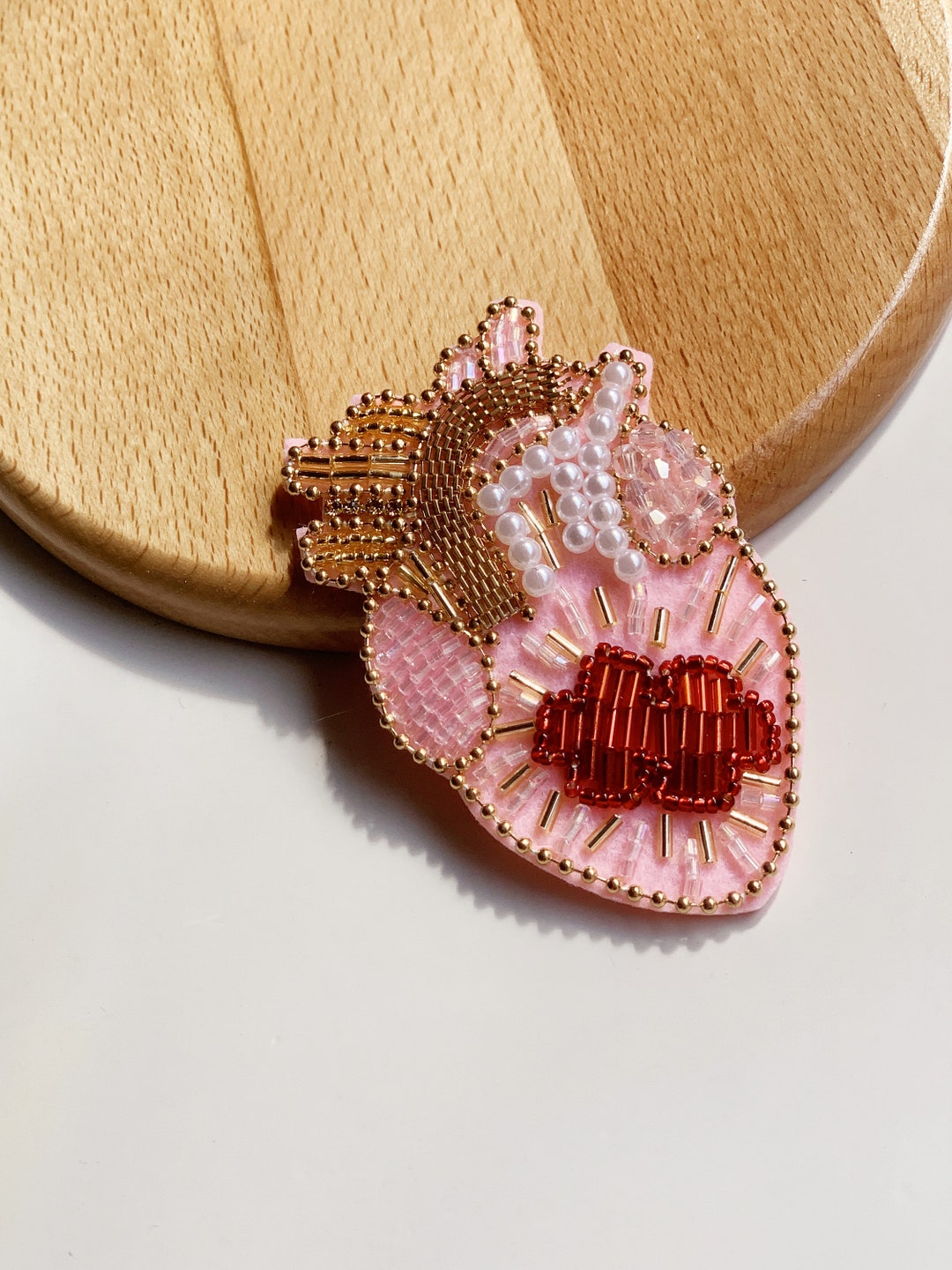Pink Heart Beaded Brooch for Girl for Christmas Embroidered Brooch Pin ...