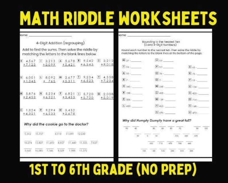 Math Riddle Printable Worksheets | 1st to 6th Grade - Etsy