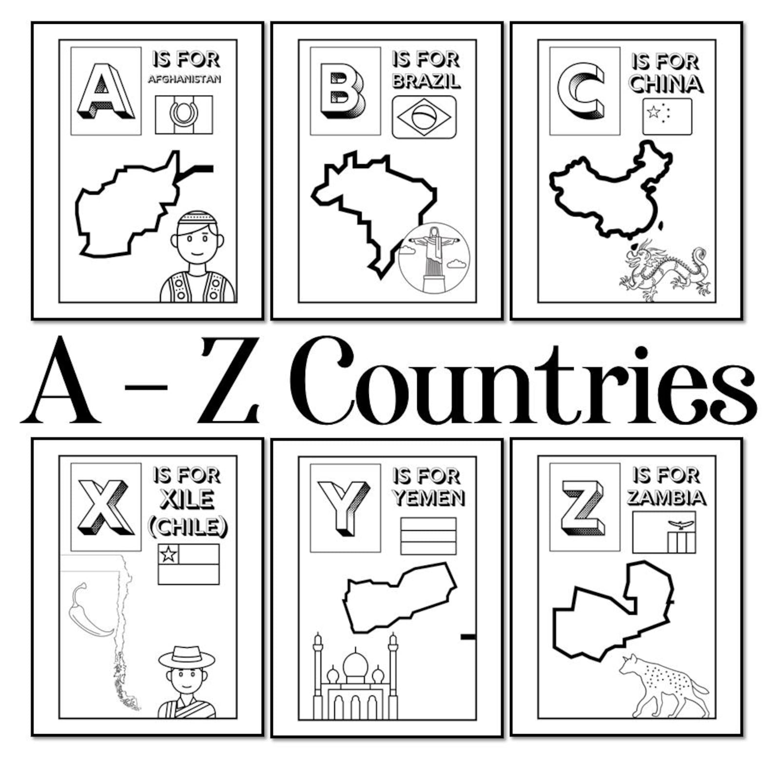 Countries Coloring Alphabet Pages | A - Z - Etsy