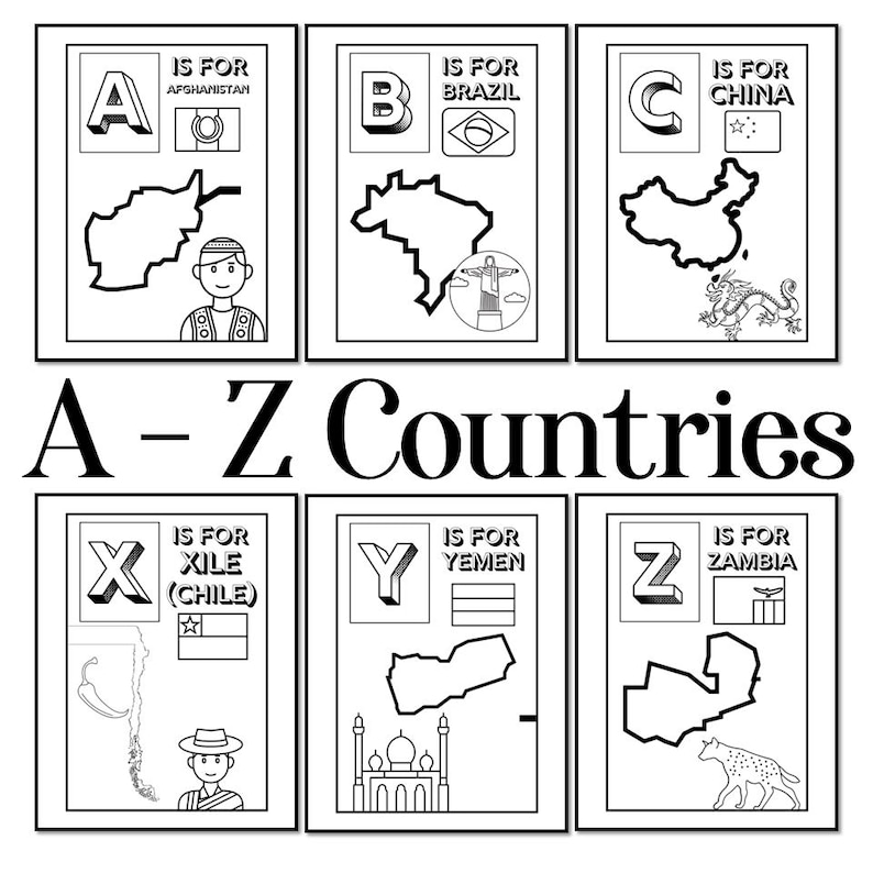 Countries Coloring Alphabet Pages | A - Z - Etsy