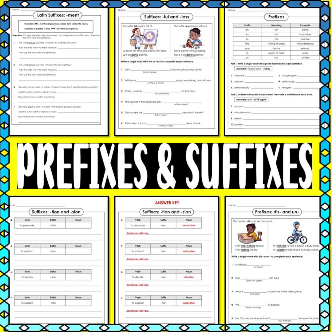 Suffix and Suffix Activity Worksheets - Etsy