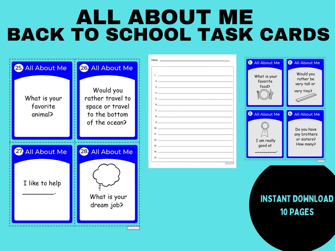 All About Me Back to School Task Cards - Etsy