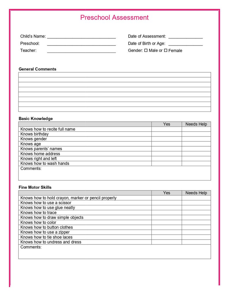 Preschool Assessment Printables - Etsy