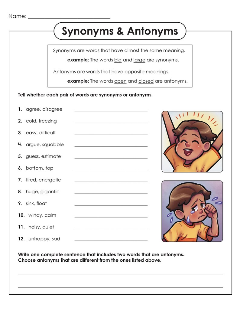 Synonyms and Antonyms Worksheets - Etsy