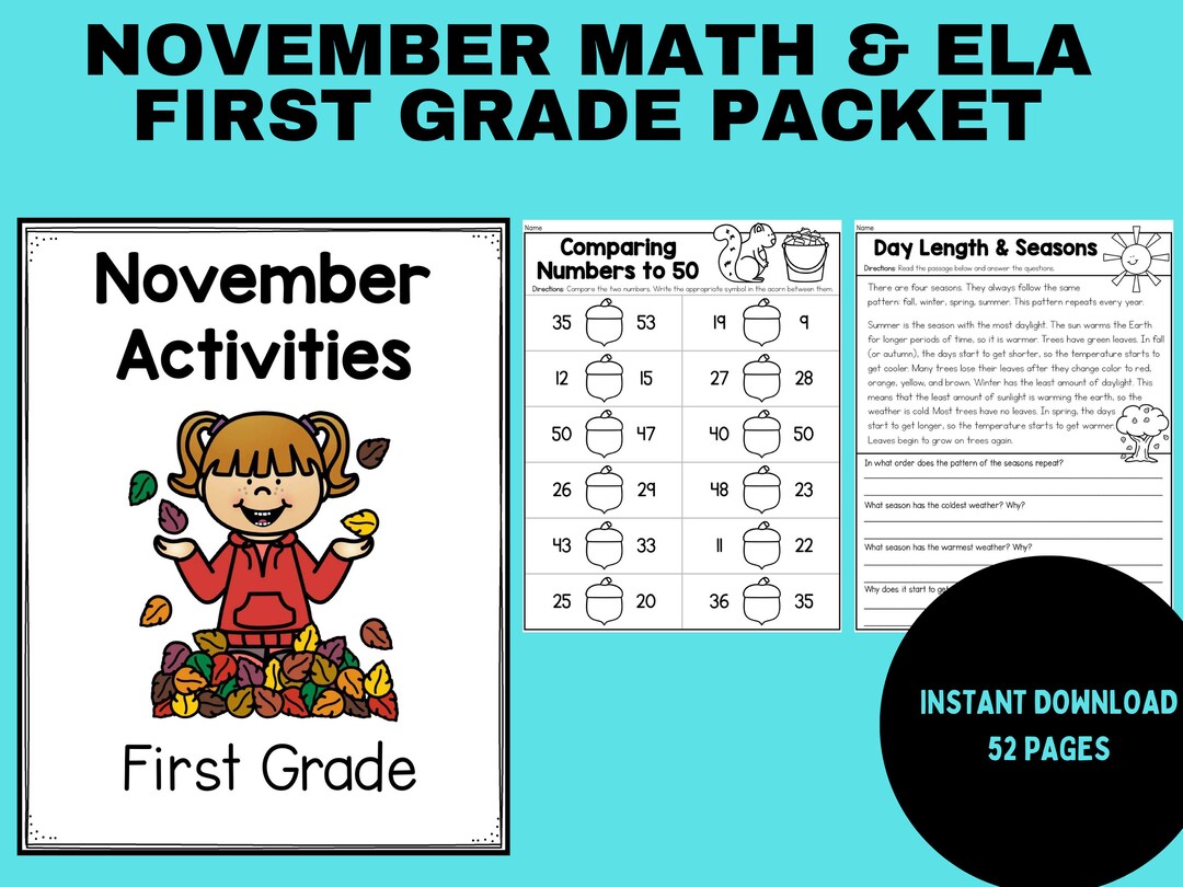 November Math and ELA Worksheet Activities for First Grade - Etsy