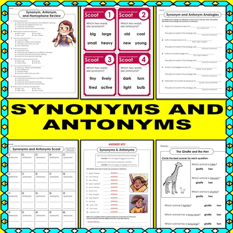 Synonyms and Antonyms Worksheets - Etsy