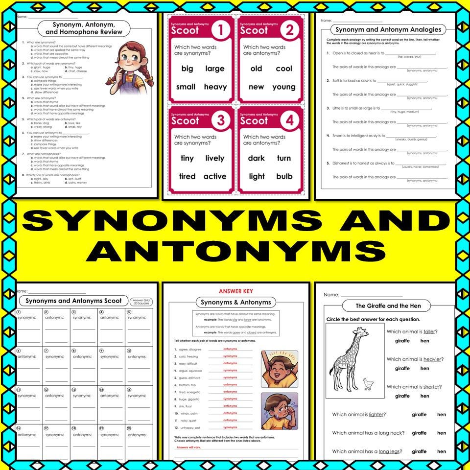 Synonyms and Antonyms Worksheets - Etsy