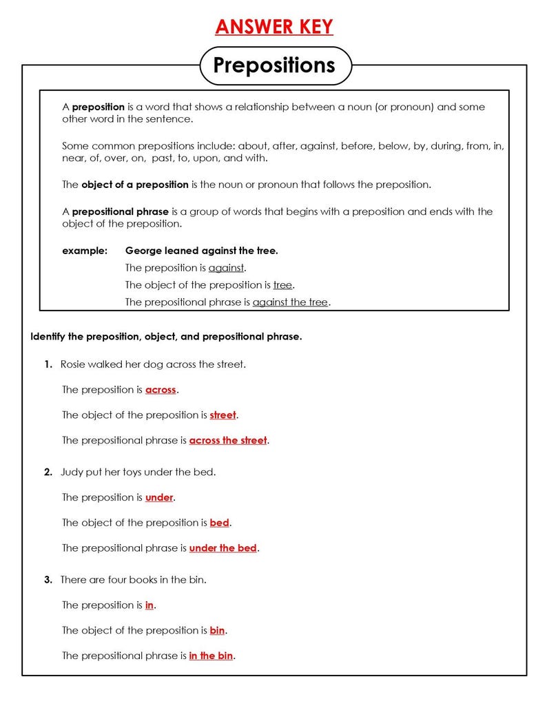 Preposition Worksheets - Etsy