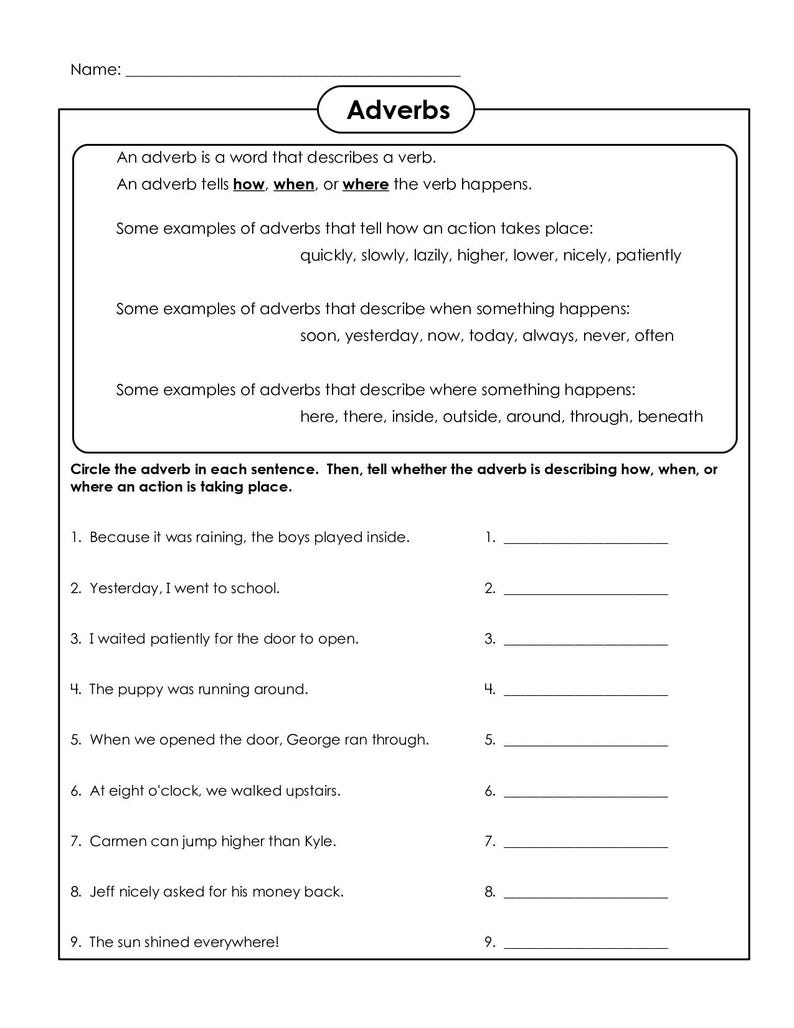 Adverbs Worksheets - Etsy