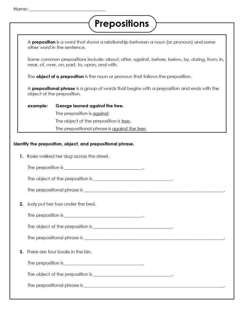 Preposition Worksheets: Printable Grammar Practice (answer Key) - Etsy