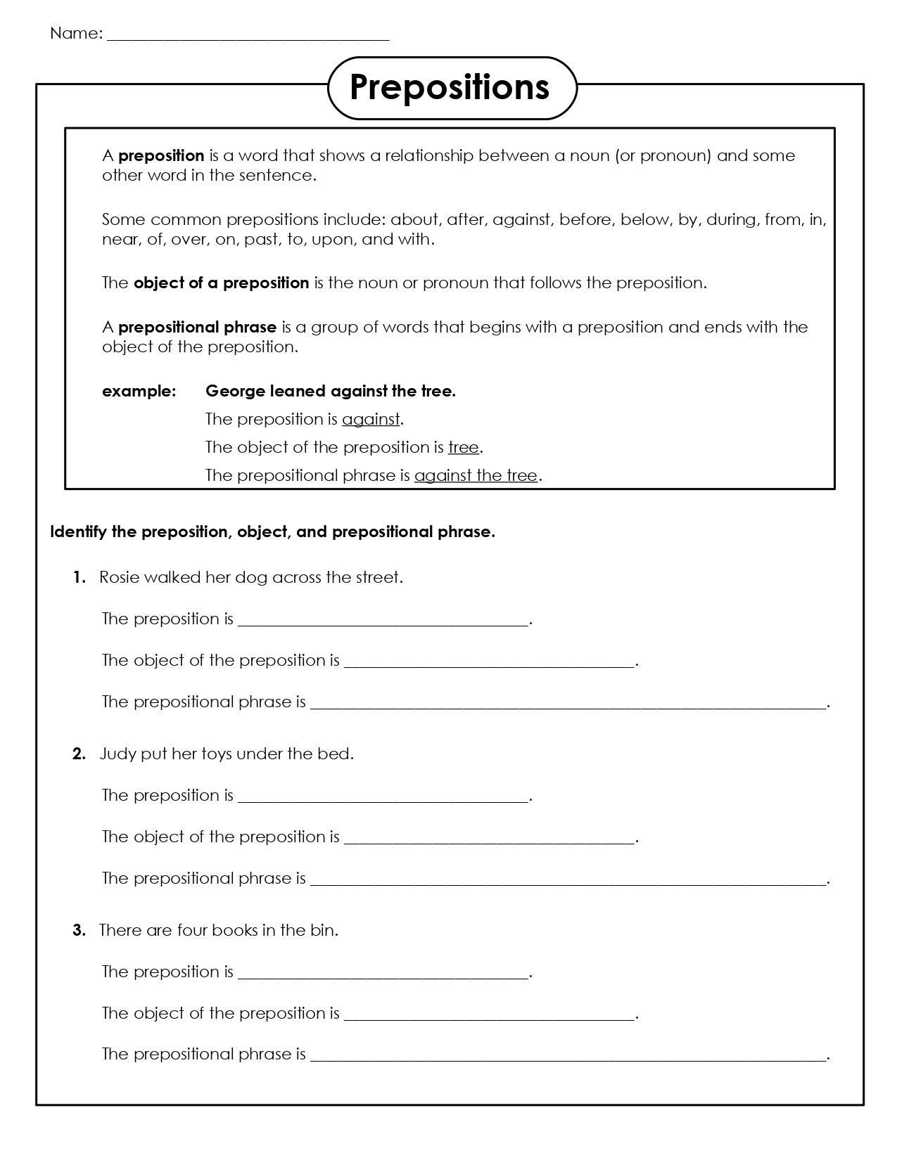 Preposition Worksheets: Printable Grammar Practice (answer Key) - Etsy