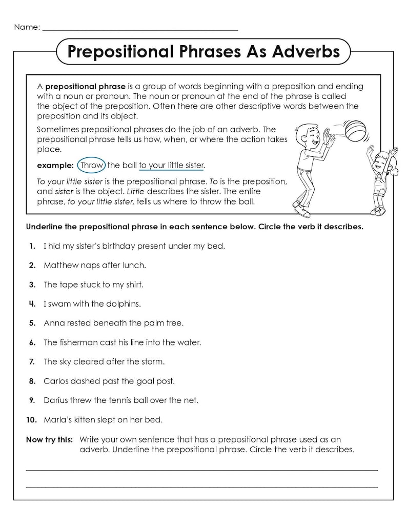 Preposition Worksheets: Printable Grammar Practice (answer Key) - Etsy