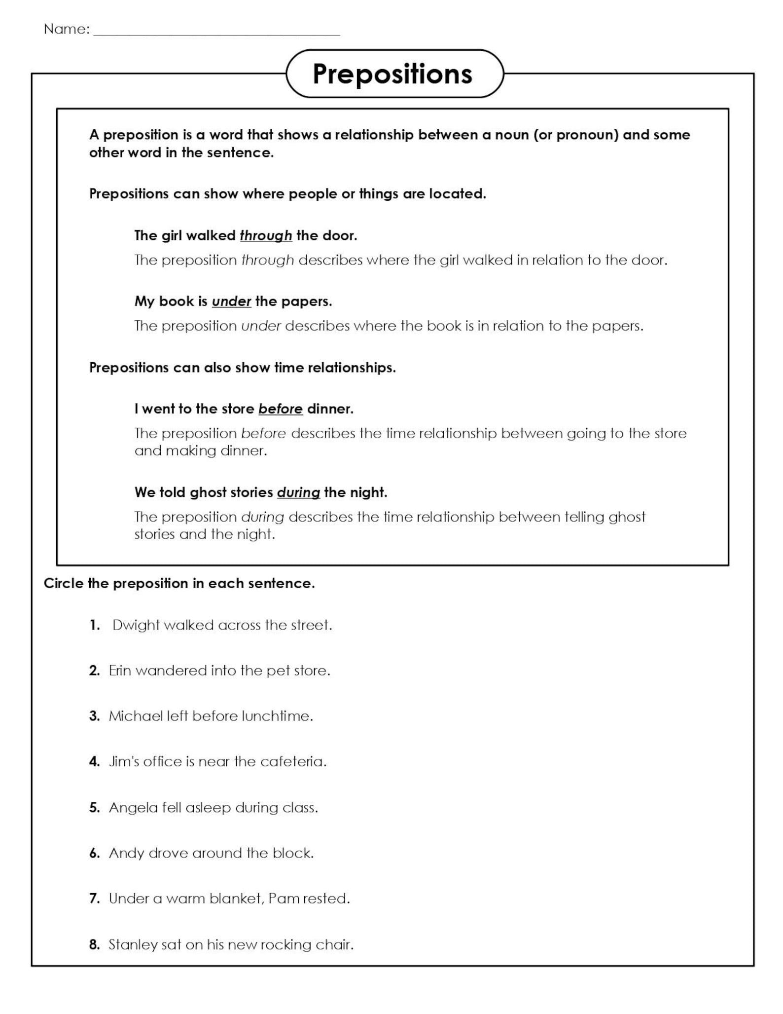 Preposition Worksheets: Printable Grammar Practice (answer Key) - Etsy