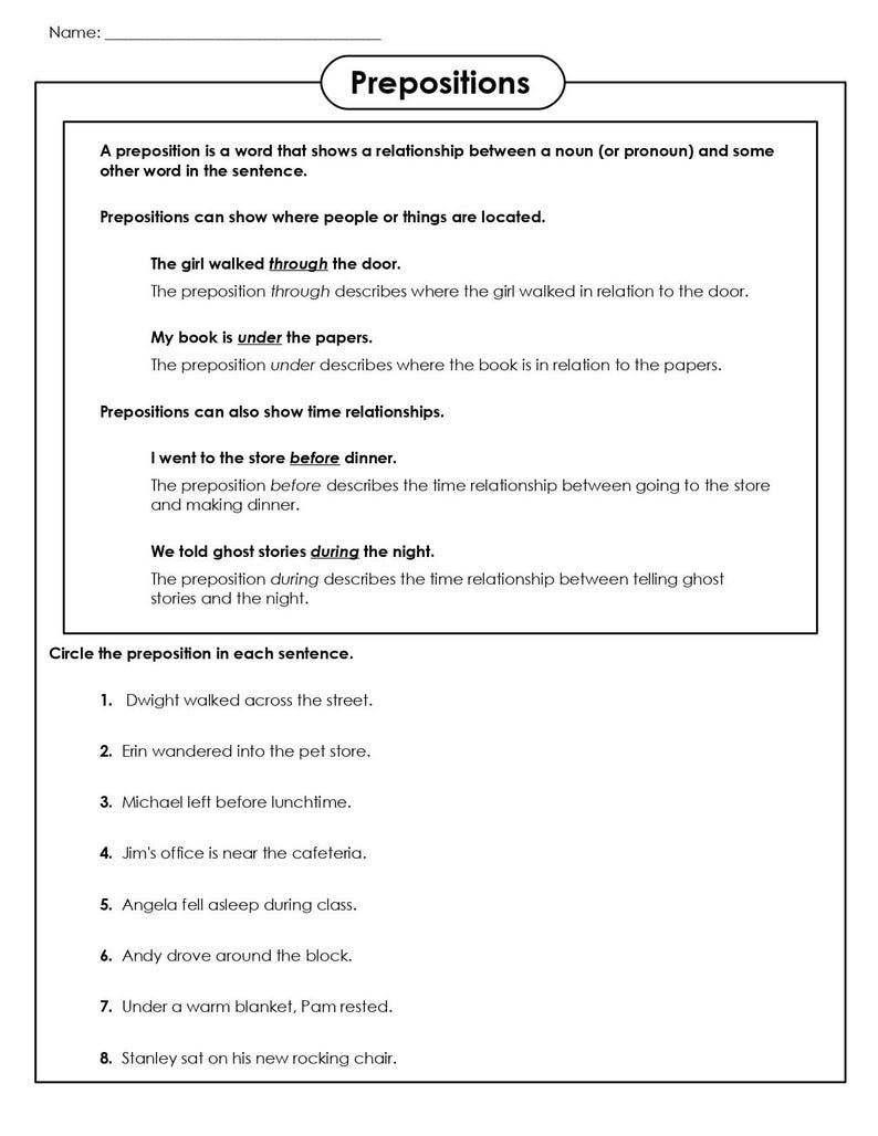 Preposition Worksheets - Etsy