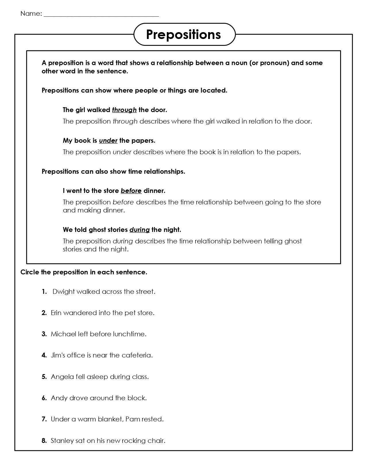 Preposition Worksheets: Printable Grammar Practice (answer Key) - Etsy