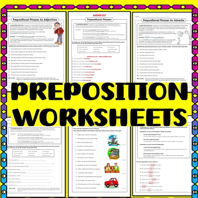 Preposition Worksheets: Printable Grammar Practice (answer Key) - Etsy