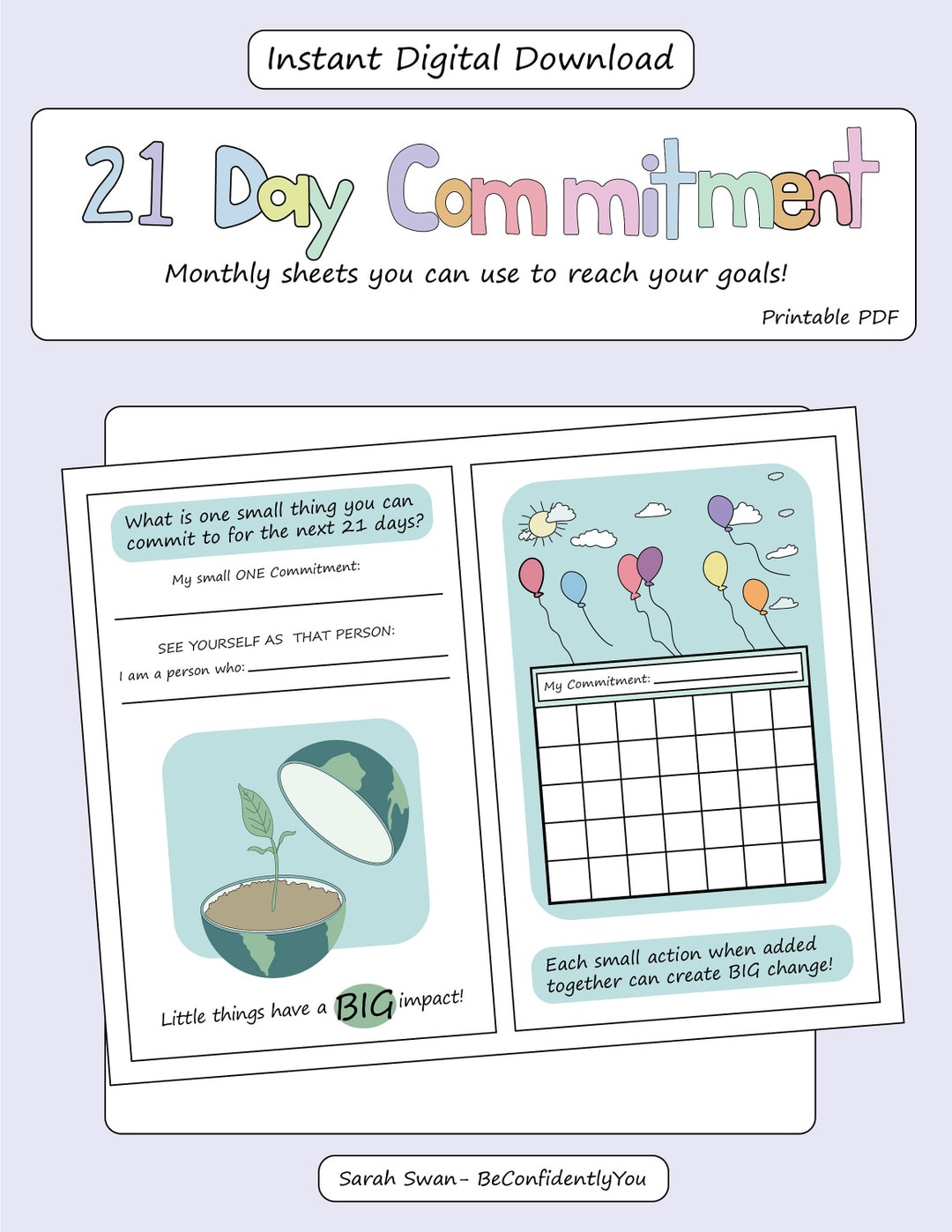 21 Day Commitment for Big Change/ 21 Day Habit Tracker/ 21 Days ...